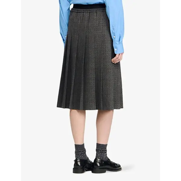 Sandro Drawstring-waist Pleated Checked Midi Skirt