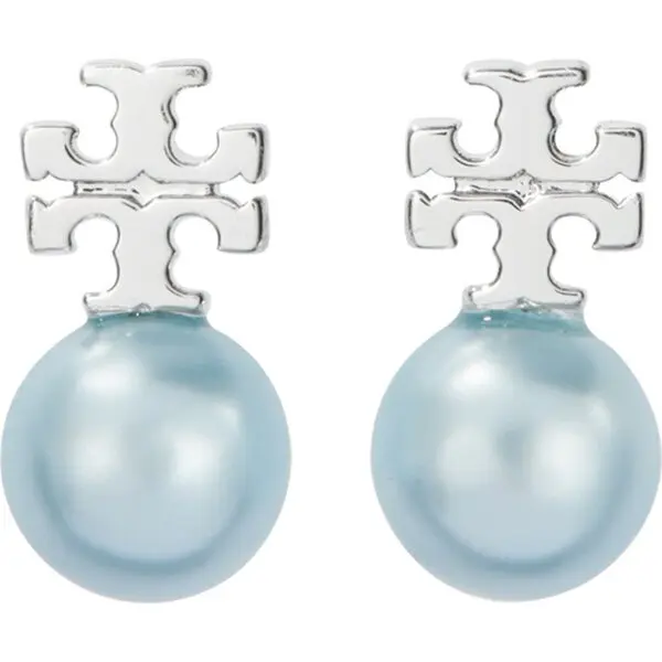 Tory Burch Faux Pearl Stud Earrings - Tory Silver / Blue