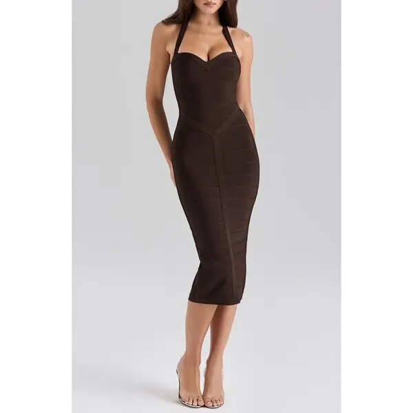 House Of Cb Halter Neck Bandage Midi Dress - Chocolate