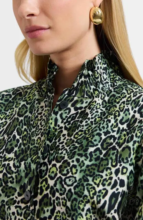 Foxcroft Carolina Leopard Print Cotton Sateen Shirt - Basil Green/ Multi