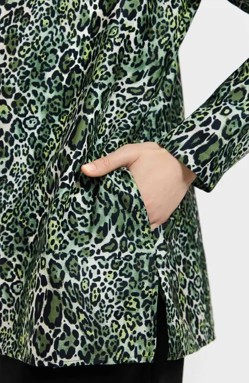 Foxcroft Carolina Leopard Print Cotton Sateen Shirt - Basil Green/ Multi