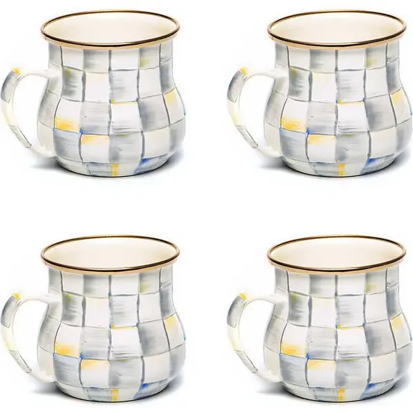 MACKENZIE-CHILDS Sterling Check Set Of 4 Enameled Steel Mugs - Grey/ White