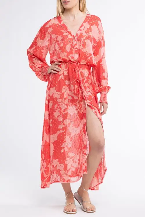 SUNDAY SAINT-TROPEZ Floral Lurex Kaftan - Red