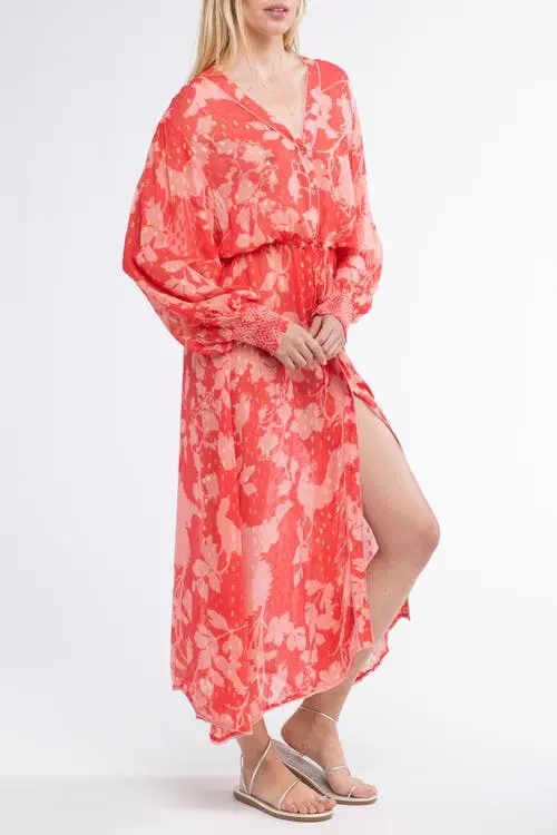 SUNDAY SAINT-TROPEZ Floral Lurex Kaftan - Red