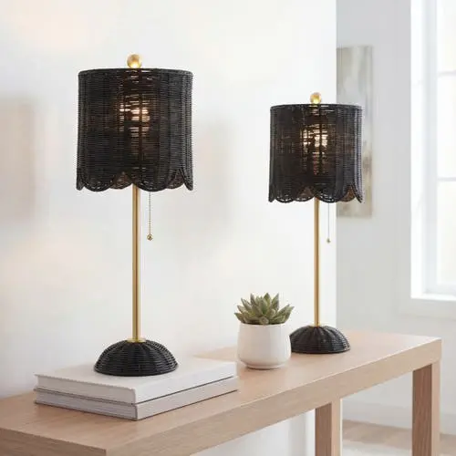 JONATHAN Y Celerie 27.5" Coastal Bohemian Rattan/iron Scalloped Buffet Led Table Lamp With Pull Chain - Black/brass Gold