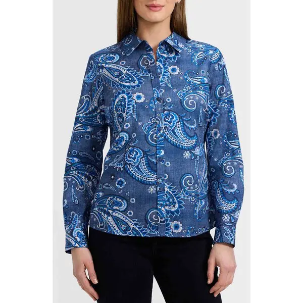 Foxcroft Hampton Paisley Print Cotton Poplin Button-up Shirt - Blue/ Multi