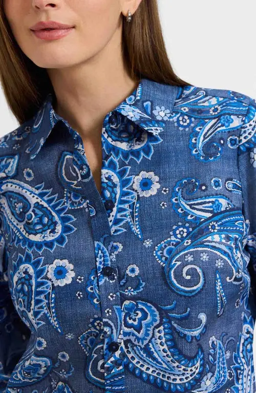 Foxcroft Hampton Paisley Print Cotton Poplin Button-up Shirt - Blue/ Multi