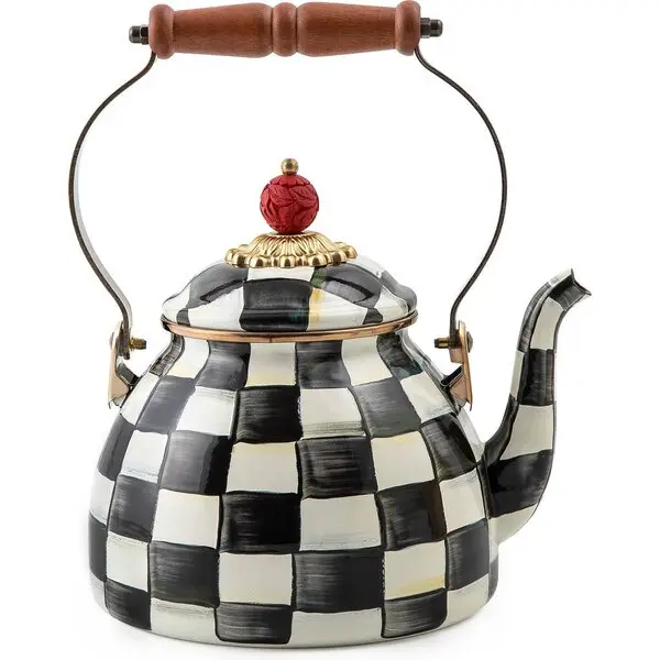MACKENZIE-CHILDS Check Enameled Steel 2-quart Tea Kettle - Black/ White