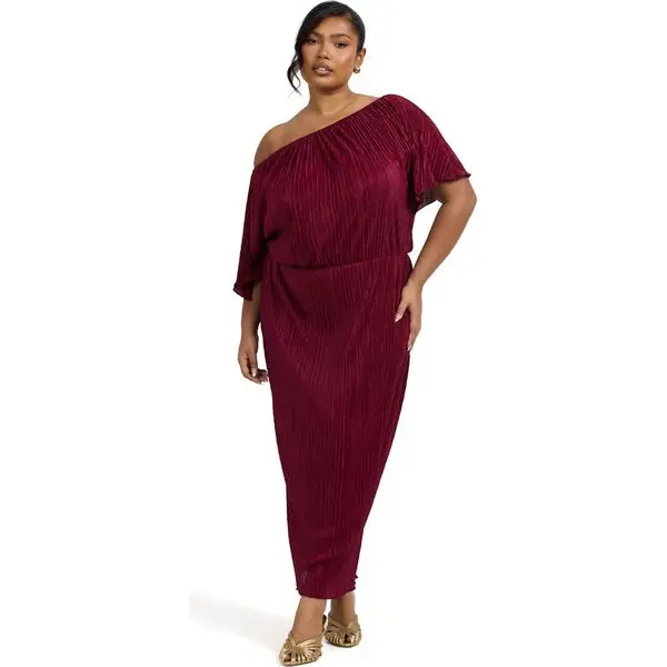 FASHION-SZN CURVE Off-the-shoulder Plisse Midi Dress - Burgundy