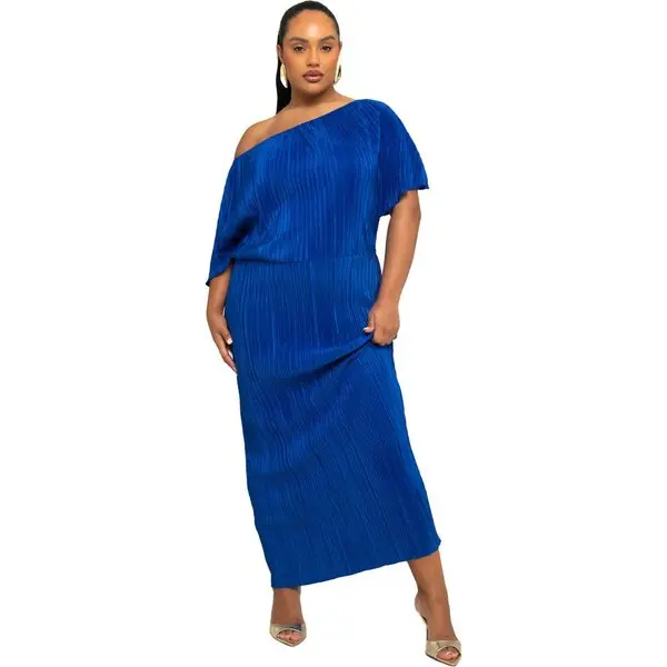 FASHION-SZN CURVE Off-the-shoulder Plisse Midi Dress - Cobalt Blue