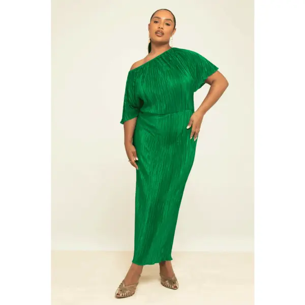 FASHION-SZN CURVE Off-the-shoulder Plisse Midi Dress - Green