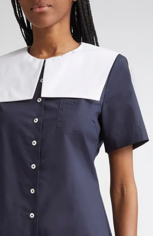 Sandy Liang Rila Cotton Poplin Shirtdress In Navy - 65% Off
