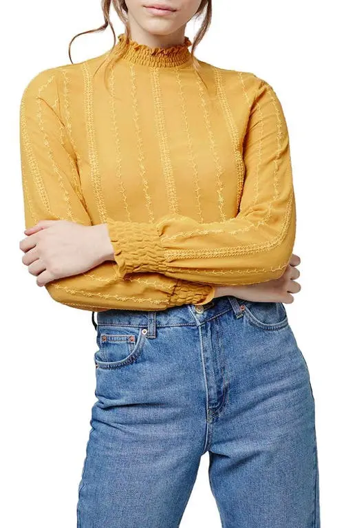 Topshop Smocked Trim Long Sleeve Top