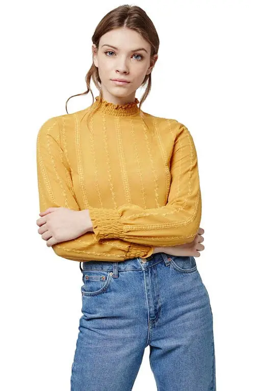 Topshop Smocked Trim Long Sleeve Top