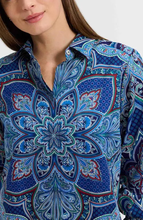 Foxcroft Printed Smocked Cuff Cotton Button-up Shirt