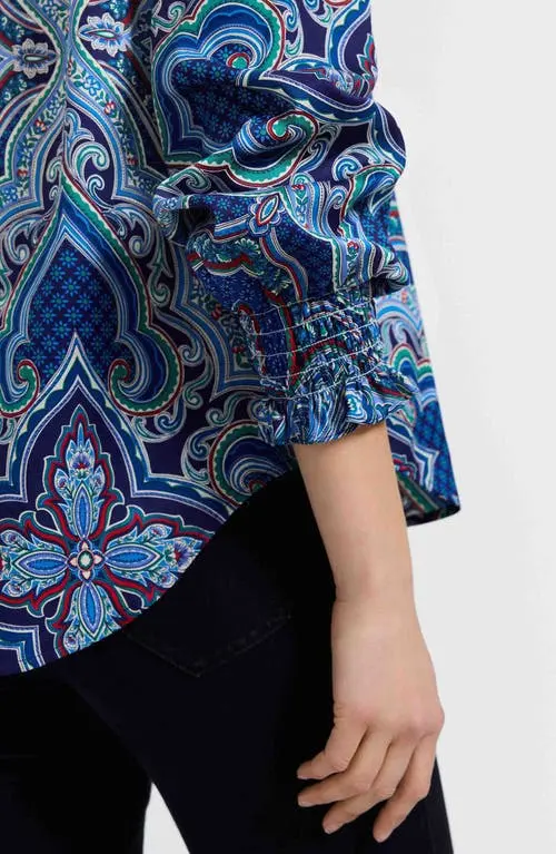 Foxcroft Printed Smocked Cuff Cotton Button-up Shirt