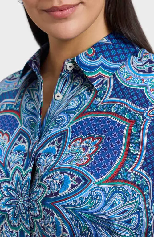 Foxcroft Printed Smocked Cuff Cotton Button-up Shirt