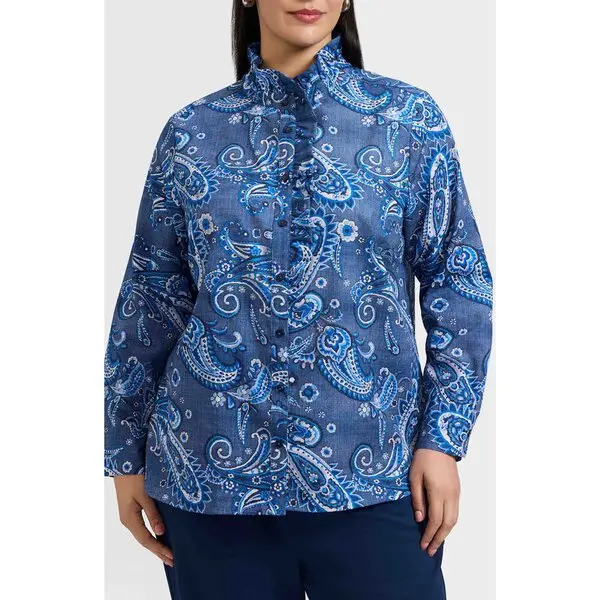 Foxcroft Sadie Paisley Ruffle Cotton Poplin Button-up Shirt - Blue Multi