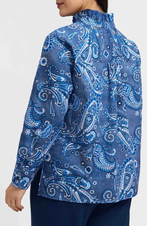 Foxcroft Sadie Paisley Ruffle Cotton Poplin Button-up Shirt - Blue Multi