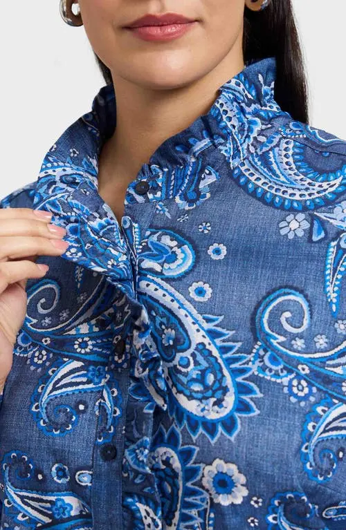 Foxcroft Sadie Paisley Ruffle Cotton Poplin Button-up Shirt - Blue Multi