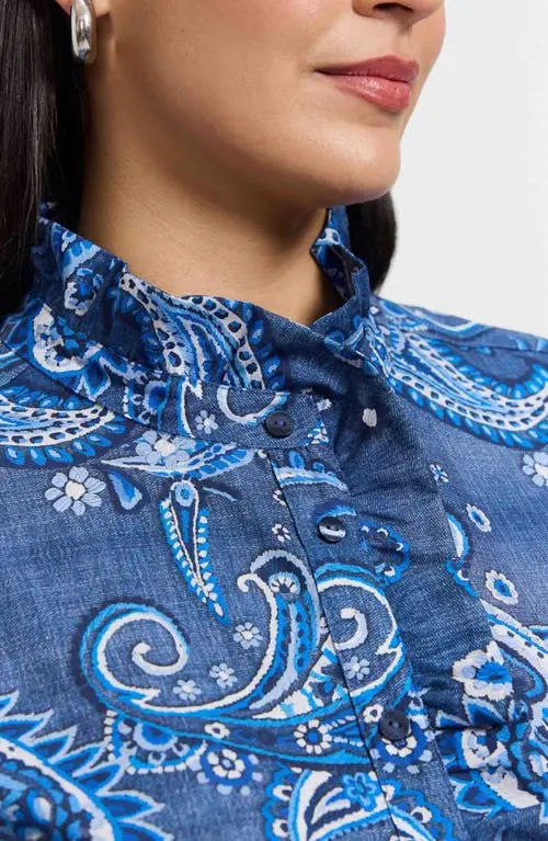Foxcroft Sadie Paisley Ruffle Cotton Poplin Button-up Shirt - Blue Multi