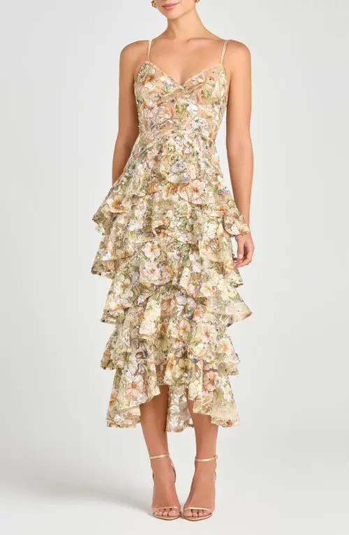 NADINE MERABI Beaded Floral Tiered Cocktail Midi Dress - Green