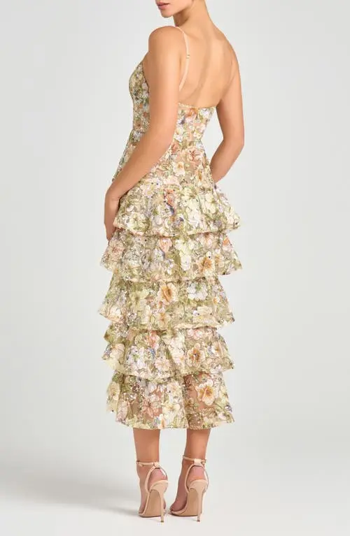 NADINE MERABI Beaded Floral Tiered Cocktail Midi Dress - Green