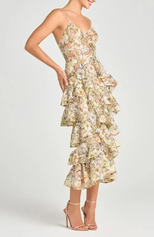 NADINE MERABI Beaded Floral Tiered Cocktail Midi Dress - Green