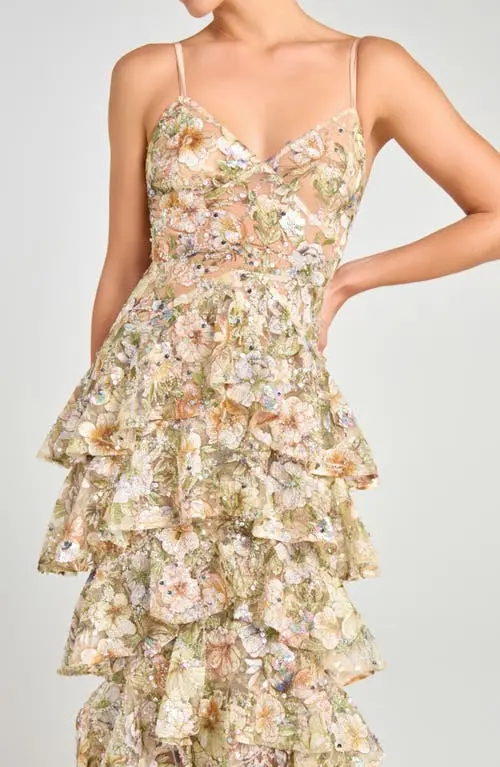 NADINE MERABI Beaded Floral Tiered Cocktail Midi Dress - Green