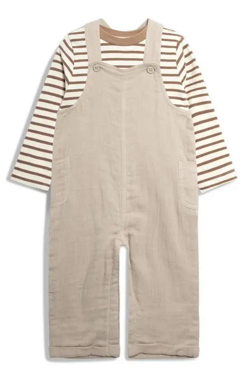 JOJO MAMAN BEBE Stripe Long Sleeve T-shirt & Cotton Gauze Overalls Set - Natural
