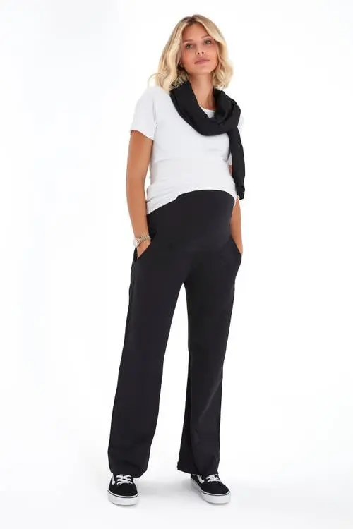 ACCOUCHEE Foldover Waistband Stretch Cotton Jogger Pants - Black