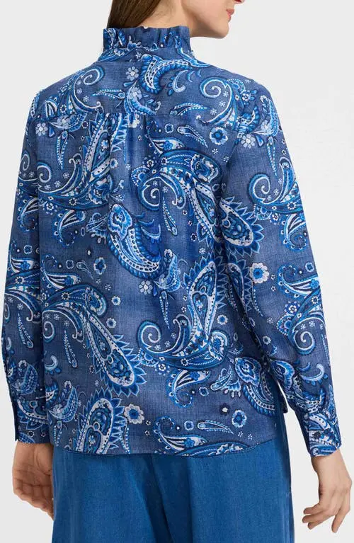 Foxcroft Sadie Paisley Ruffle Cotton Poplin Button-up Shirt