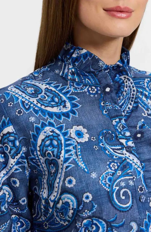 Foxcroft Sadie Paisley Ruffle Cotton Poplin Button-up Shirt