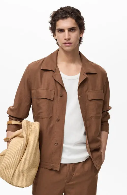 Mango Camp Collar Lyocell And Linen Shirt-jacket - Tobacco Brown