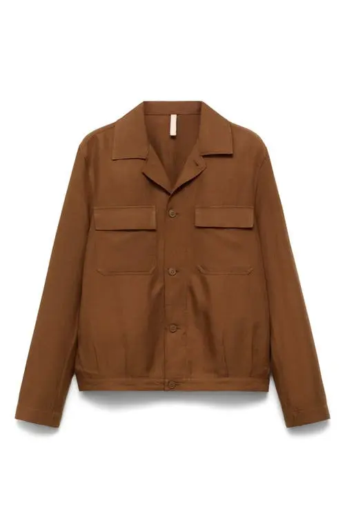 Mango Camp Collar Lyocell And Linen Shirt-jacket - Tobacco Brown