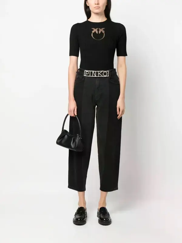 Pinko Ribbed Knit Cropped Top With Intarsia Logo