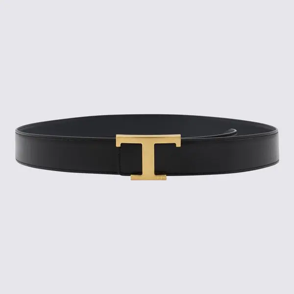 TOD'S Leather Belt With Gold Tone Hardware - Black-navy