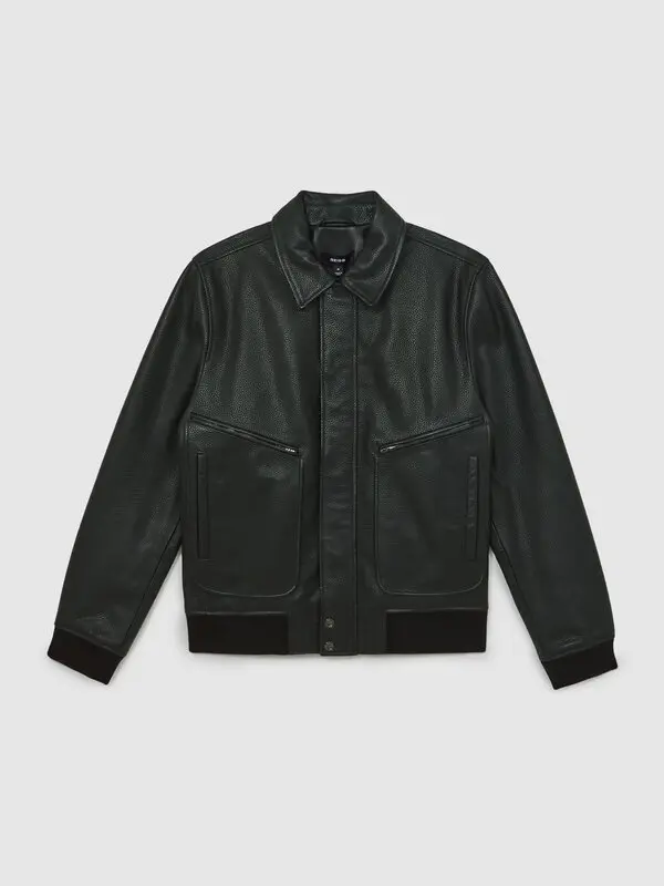 REISS Grained Leather Zip-through Jacket