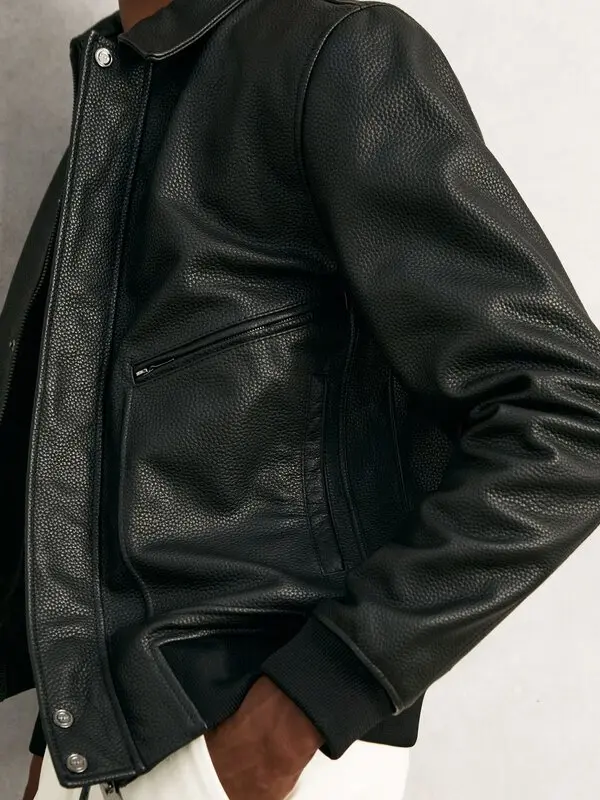 REISS Grained Leather Zip-through Jacket
