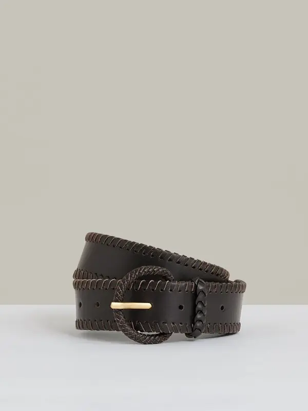 REISS Gia Leather Whipstitch Belt - Chocolate