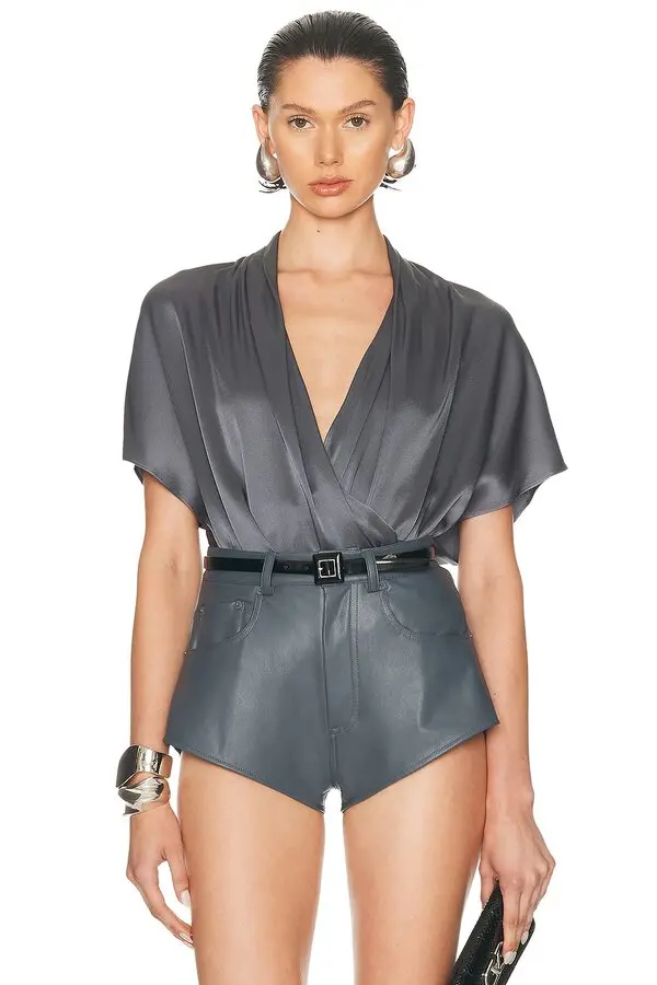 Lapointe Satin Short Sleeve Wrap Top