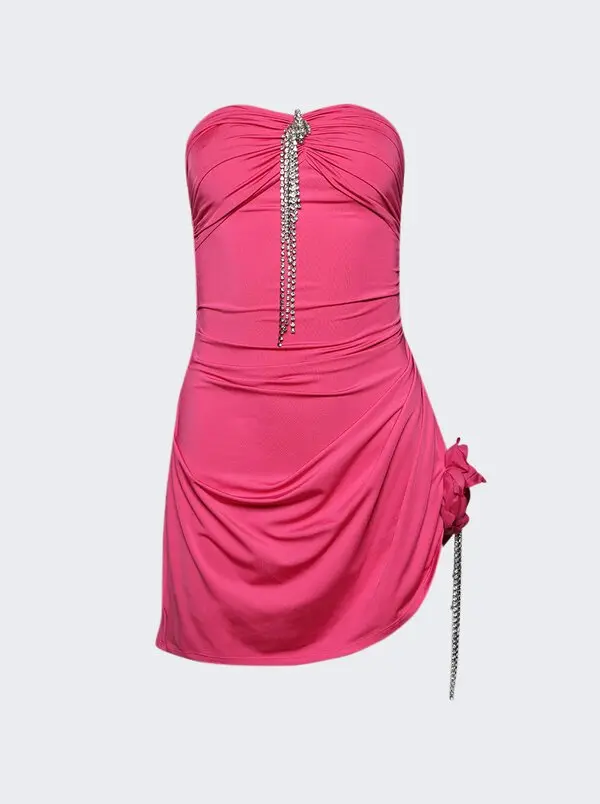 AREA Crystal Flower Draped Strapless Mini Dress - Red