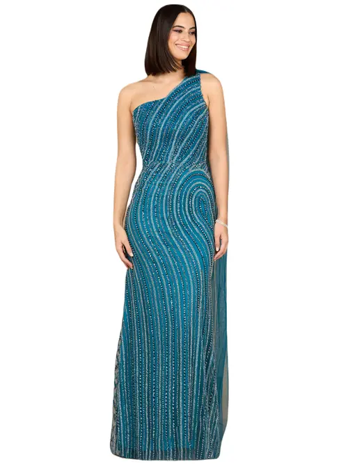 LARA NEW YORK One-shoulder Beaded Gown With Cape Sleeve - Dark Blue