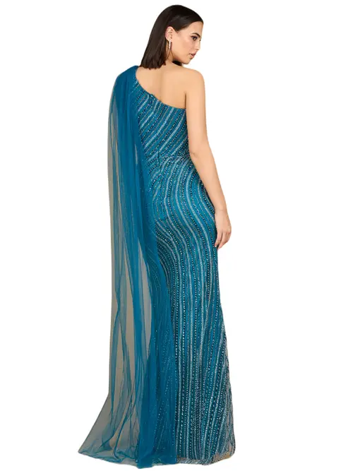 LARA NEW YORK One-shoulder Beaded Gown With Cape Sleeve