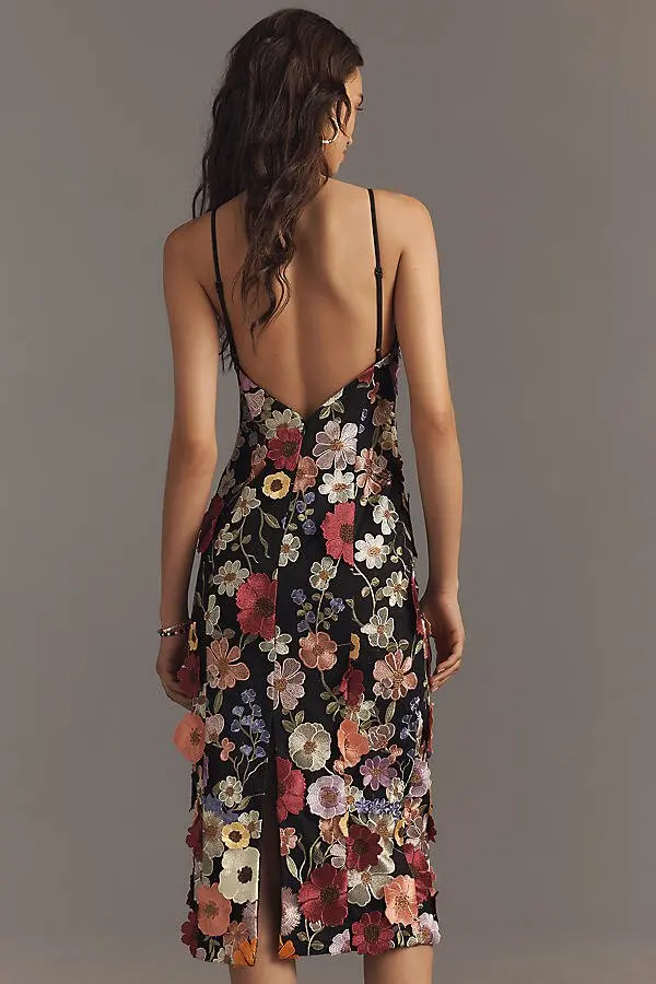 Endless Rose Sleeveless Floral Embroidered Midi Dress Black