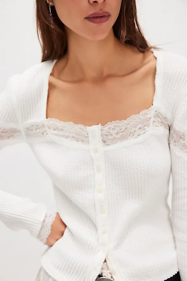 Free People Waffle Knit Cardigan With Lace Trim - Clean Ivory