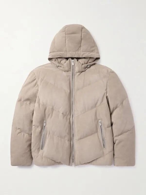 Brunello Cucinelli Quilted Suede Hooded Down Jacket - Neutrals