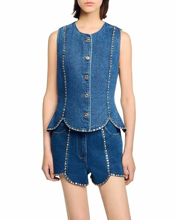 Sandro Rhinestone Denim Top - Blue Jean