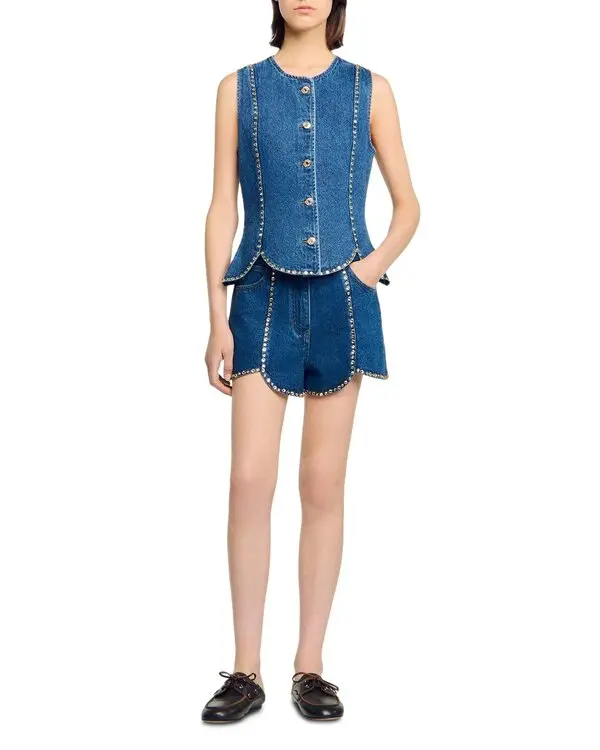 Sandro Rhinestone Denim Top - Blue Jean
