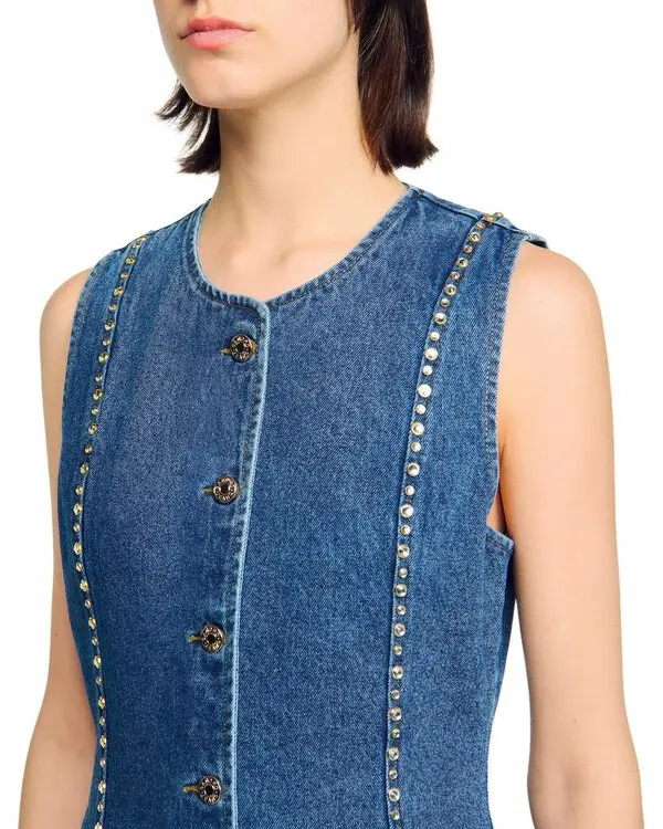 Sandro Rhinestone Denim Top - Blue Jean